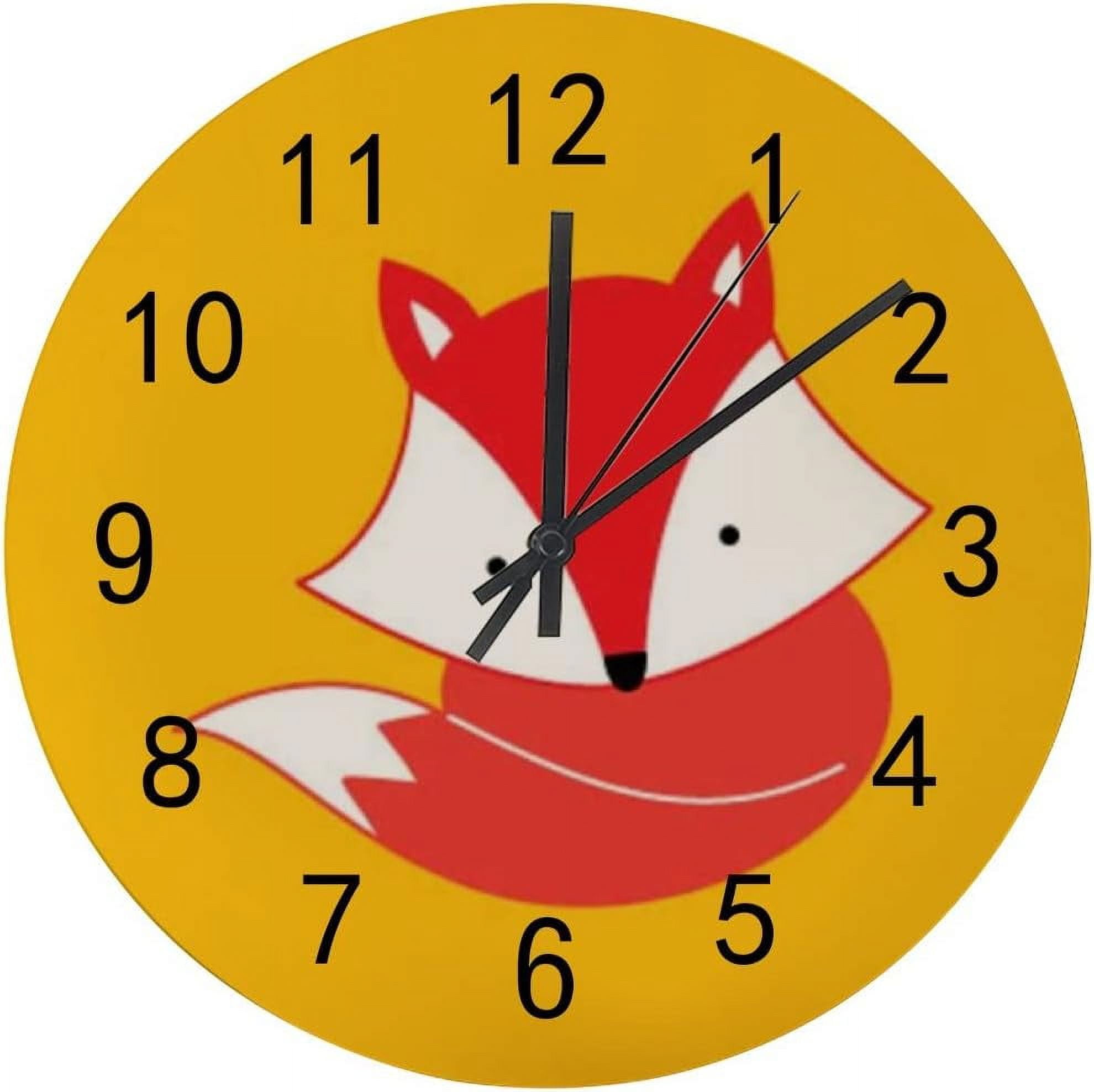 SKYSONIC Silent Wooden Round Wall Clock Cute Little Fox Non Ticking ...