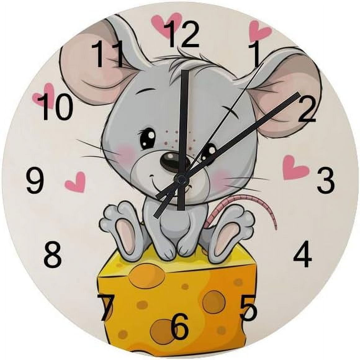 SKYSONIC Silent Wooden Round Wall Clock Cute Mouse Sitting On A Cheese ...