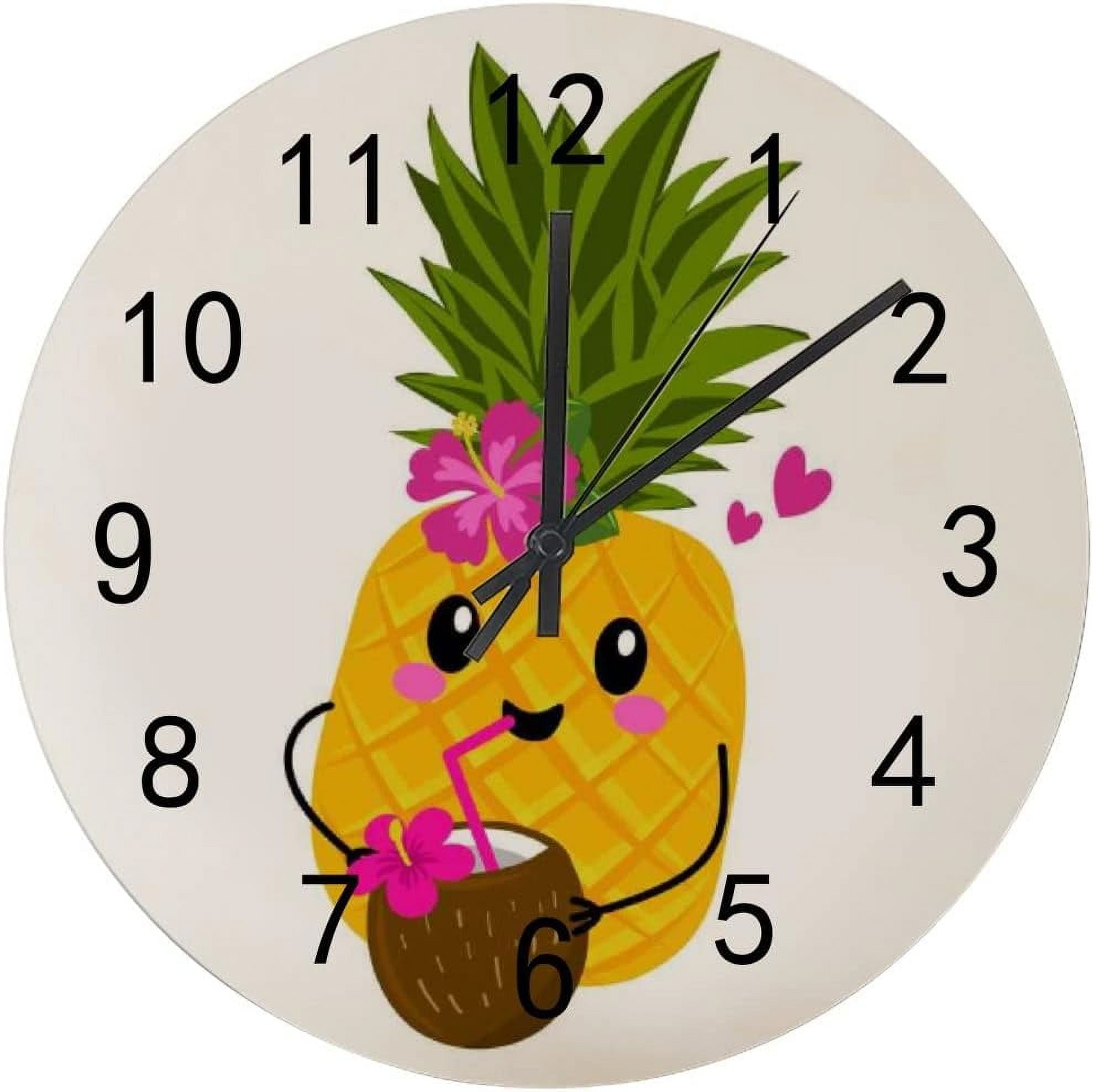 SKYSONIC Silent Wooden Round Wall Clock Cute Pineapple Fruit with ...