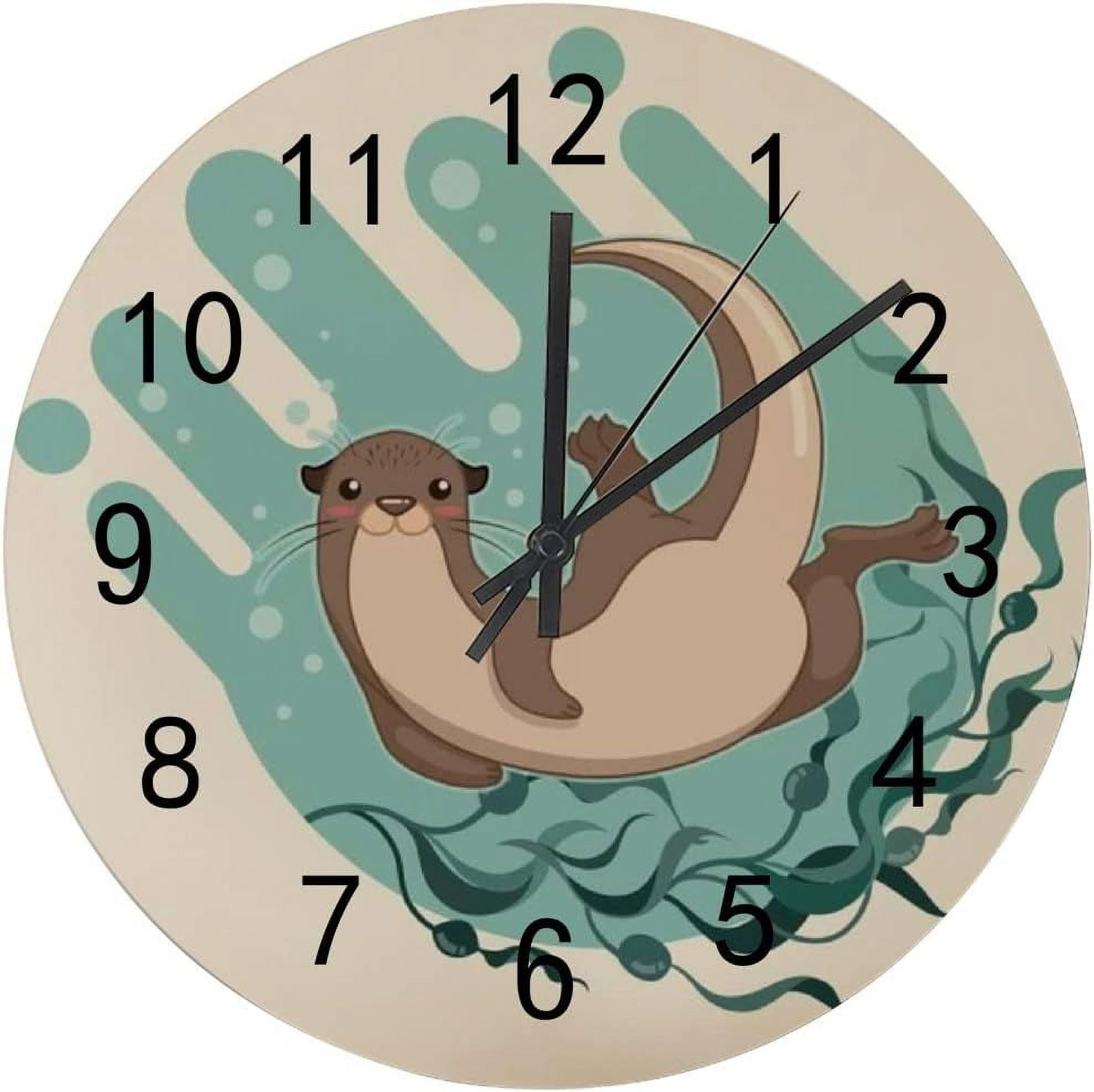 SKYSONIC Silent Wooden Round Wall Clock Cute Sea Otter Non Ticking ...