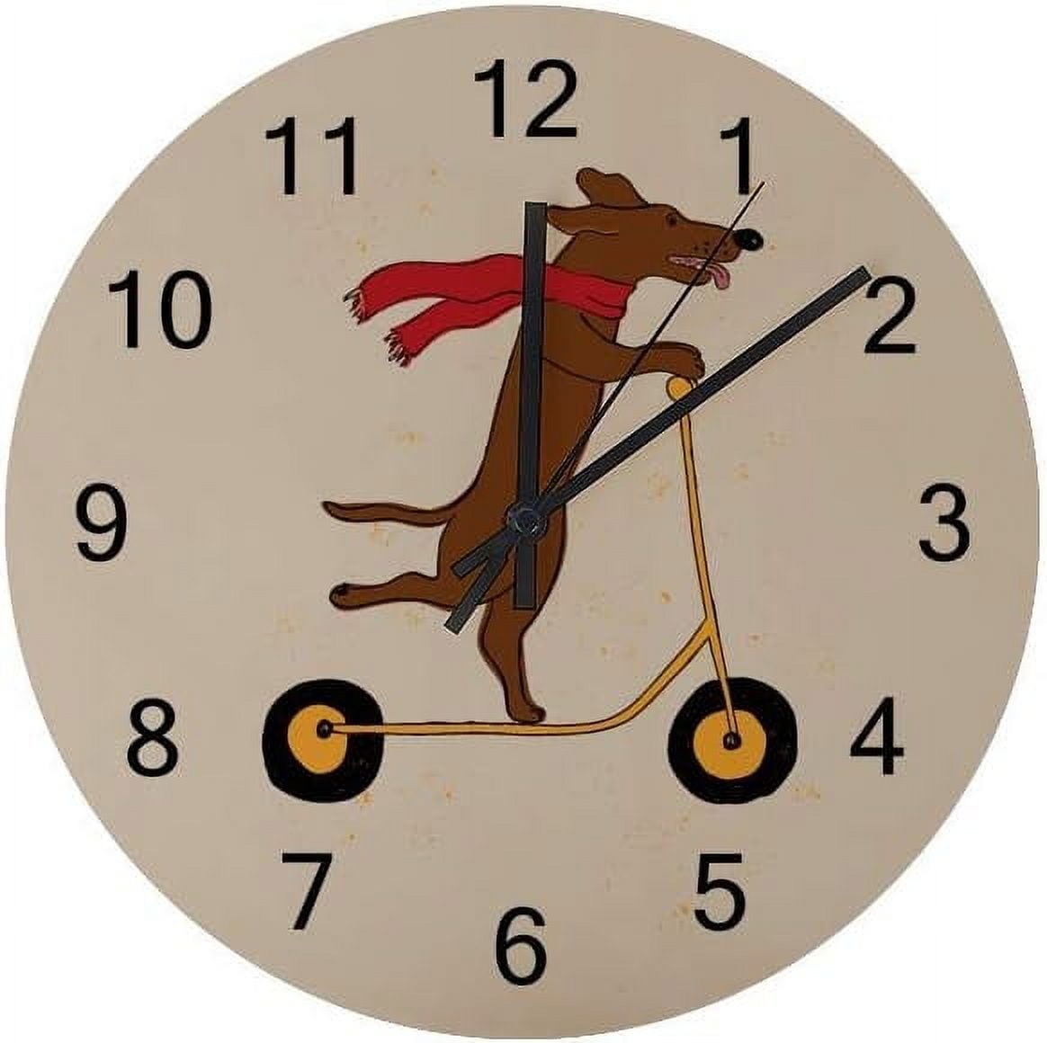 SKYSONIC Silent Wooden Round Wall Clock Dachshund Dog Riding Scooter ...