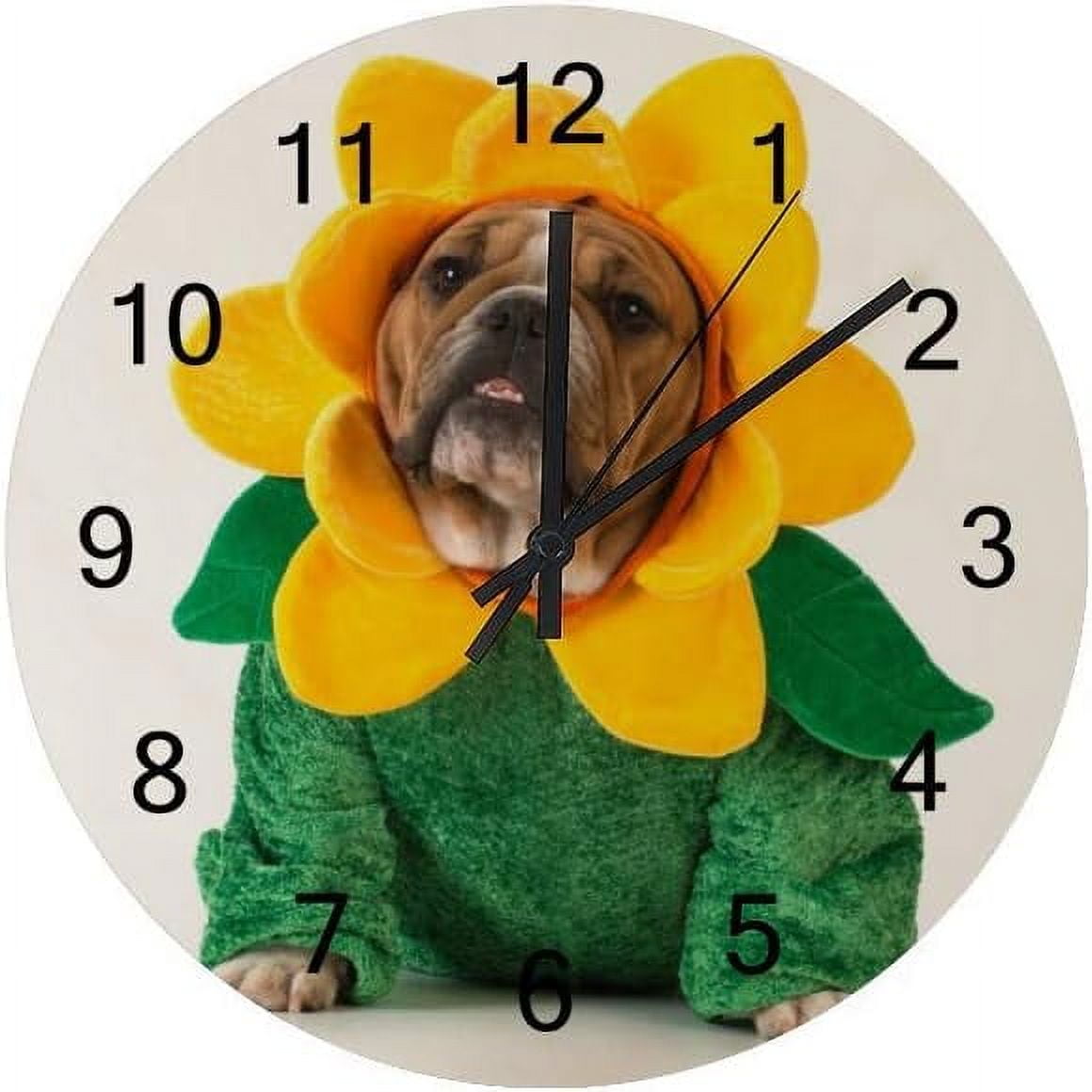SKYSONIC Silent Wooden Round Wall Clock Dog Dressed Like A Flower Non ...