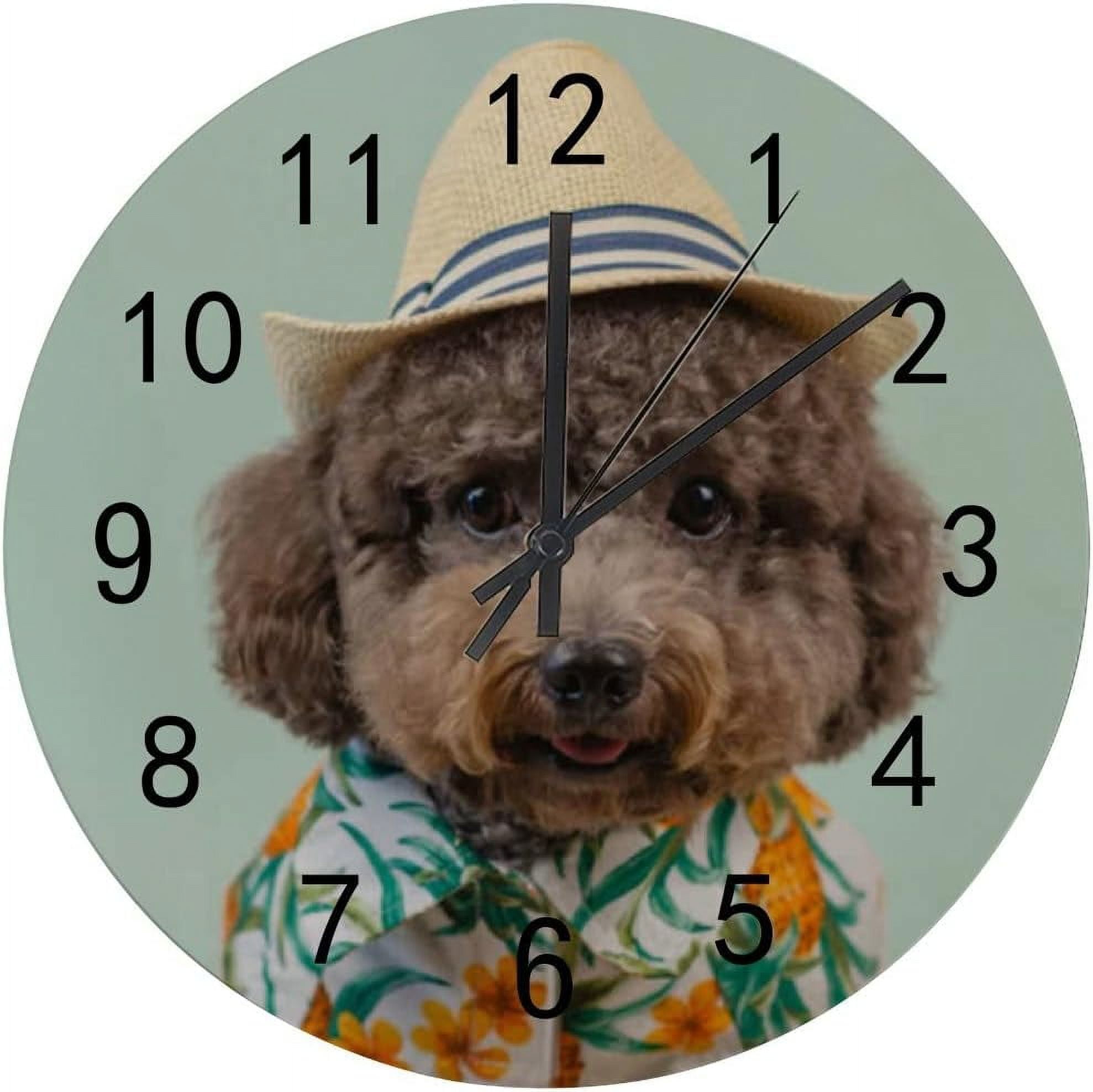 SKYSONIC Silent Wooden Round Wall Clock Dog Wears Hat and Hawaii Dress ...