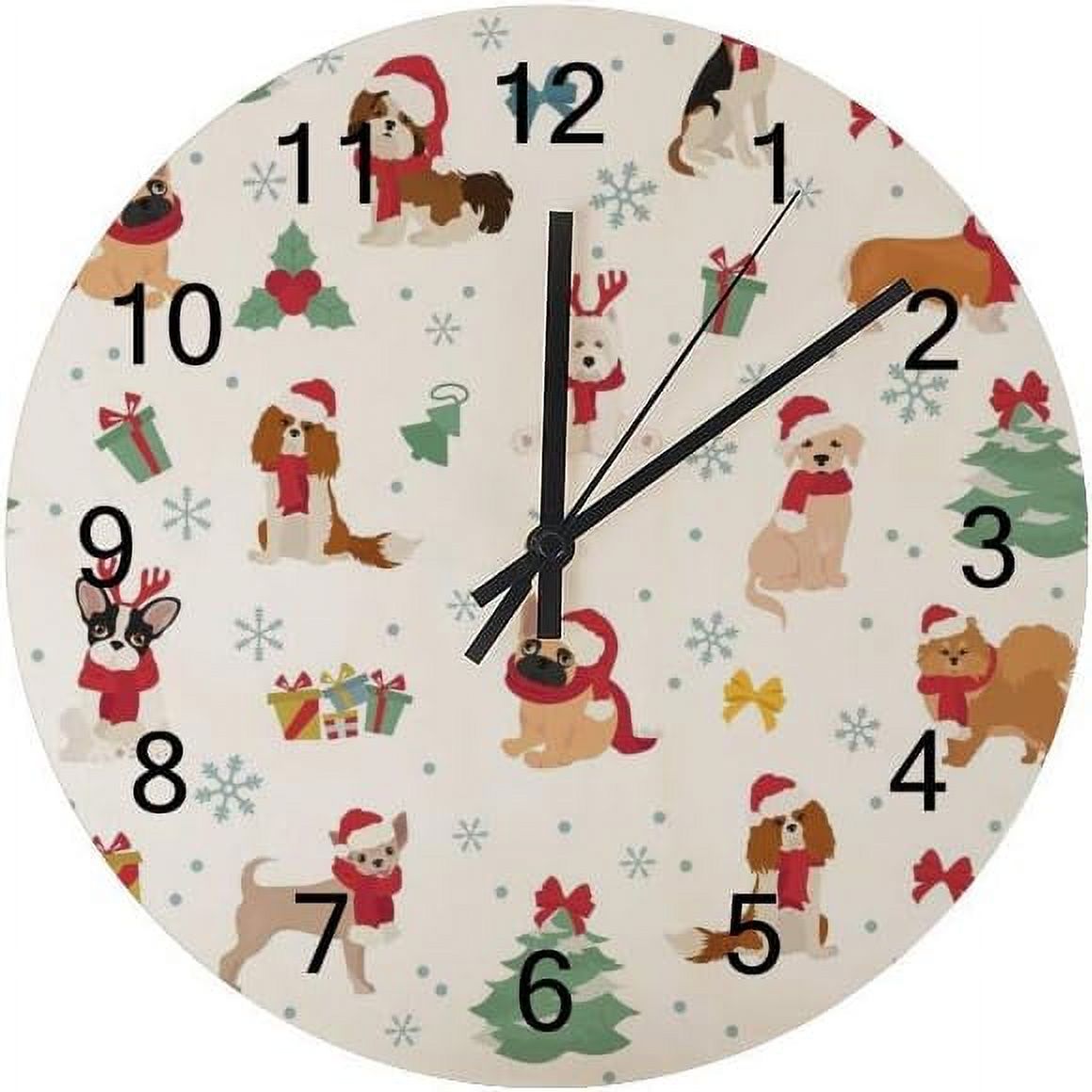 SKYSONIC Silent Wooden Round Wall Clock Dog in Santa Hats and Scarves ...