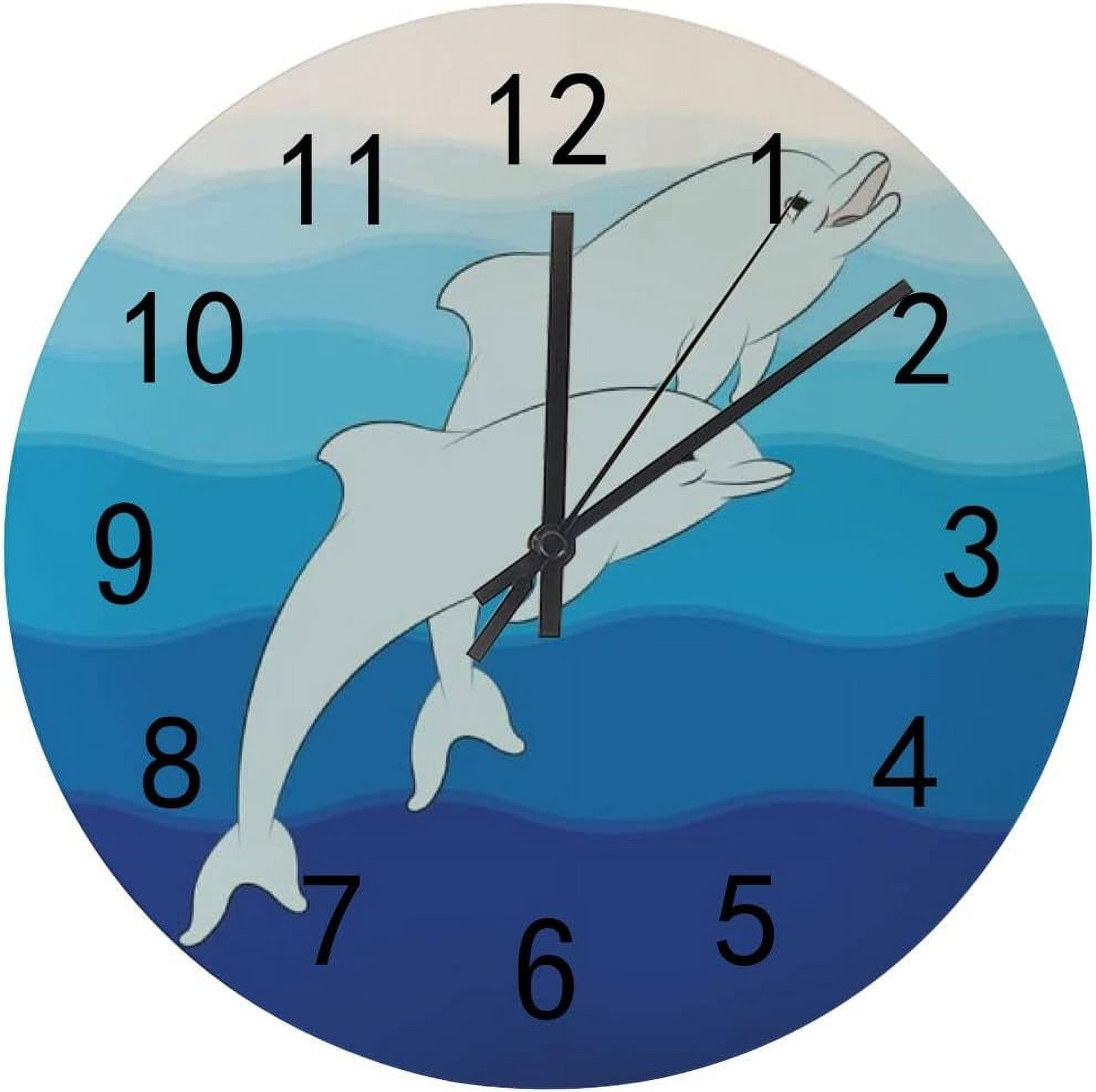 SKYSONIC Silent Wooden Round Wall Clock Dolphins in Blue Sea Non ...