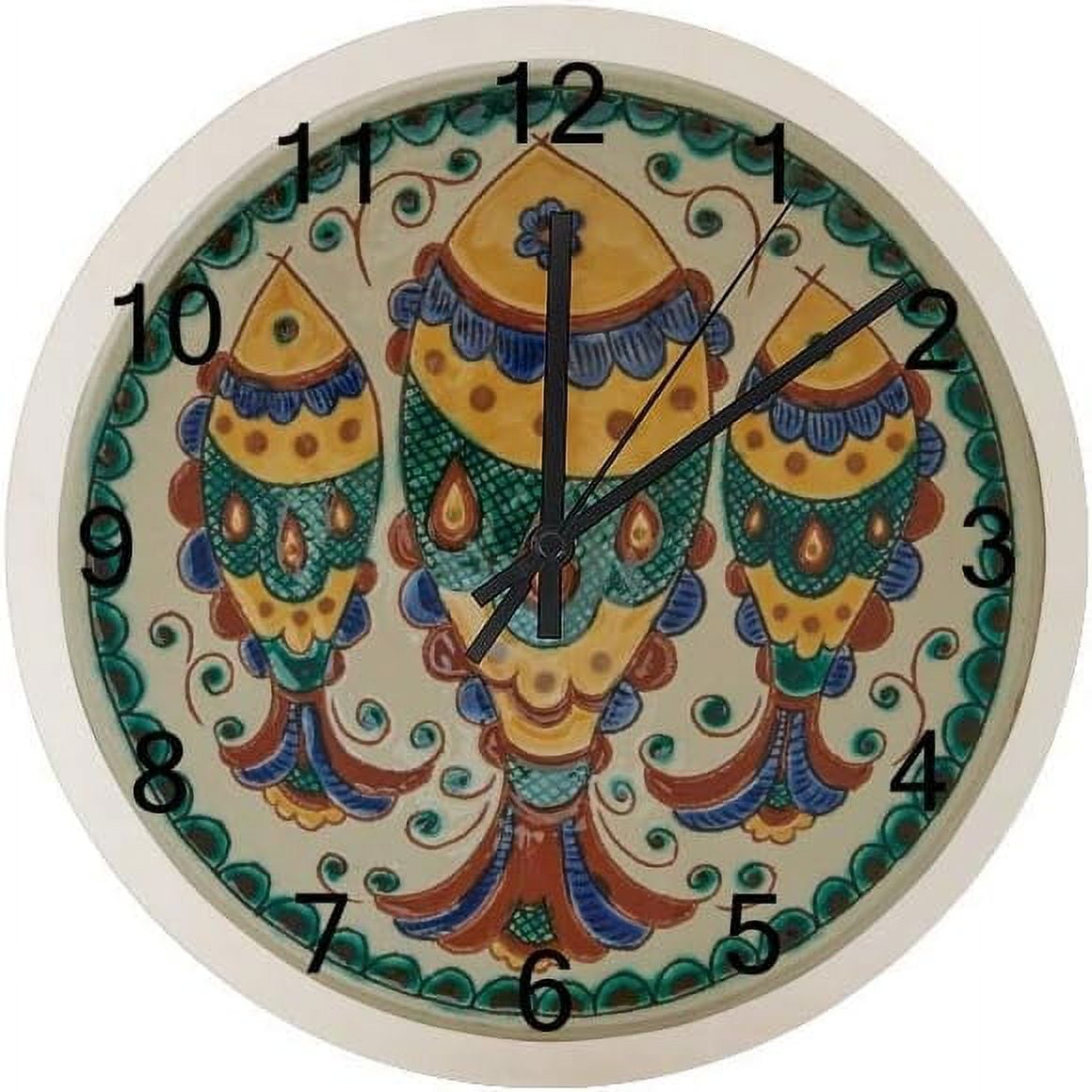 SKYSONIC Silent Wooden Round Wall Clock Fish Painting in The Circle Non ...