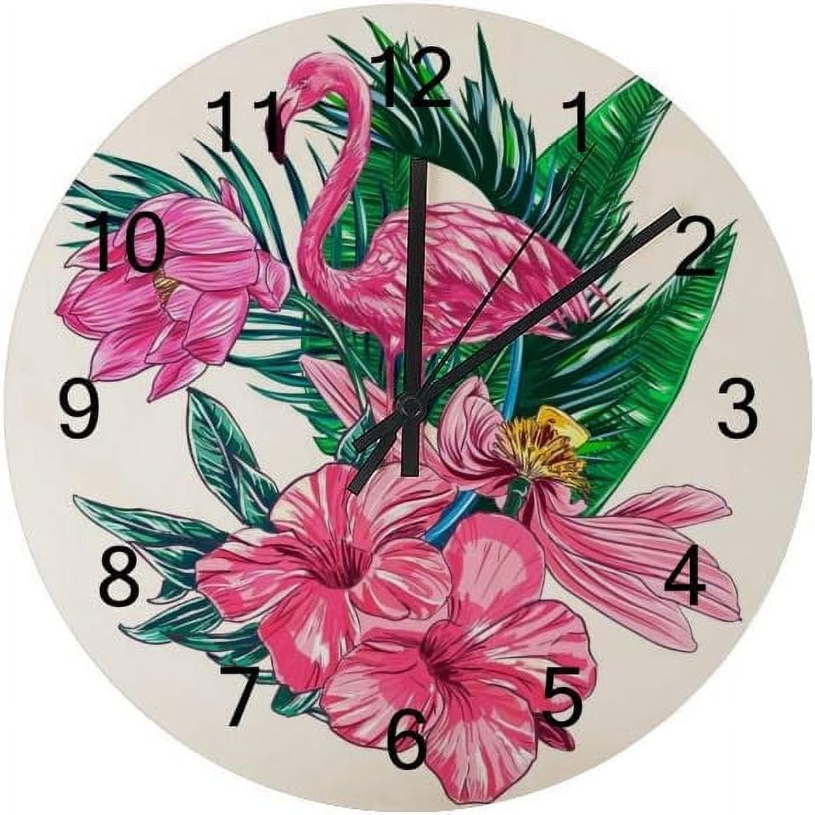 SKYSONIC Silent Wooden Round Wall Clock Flamingo Hibiscus Pink Lotus ...