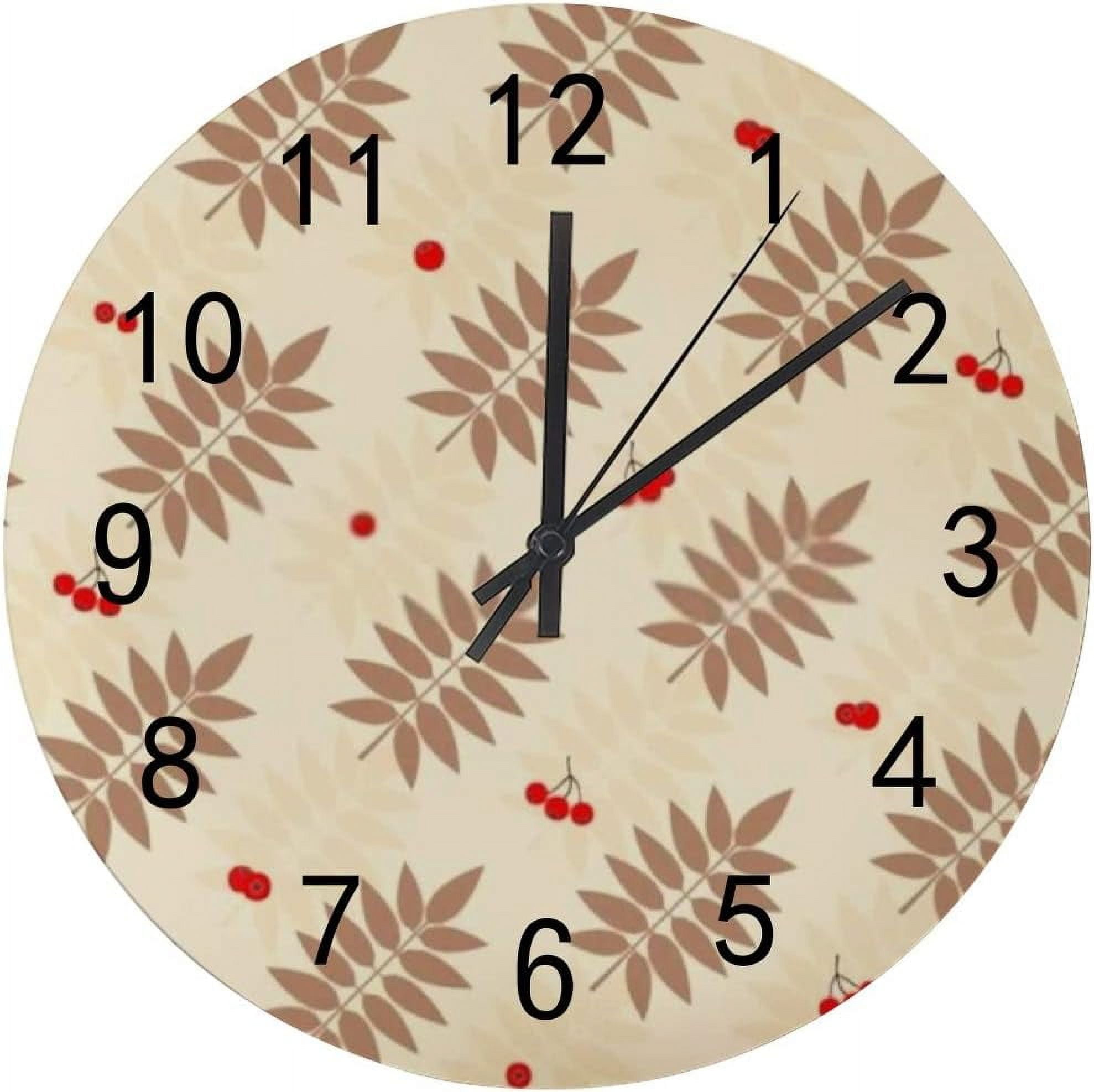 SKYSONIC Silent Wooden Round Wall Clock Floral Rowan Leaves and Berries ...