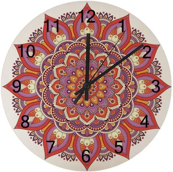 SKYSONIC Silent Wooden Round Wall Clock Flower Mandalas Non Ticking ...