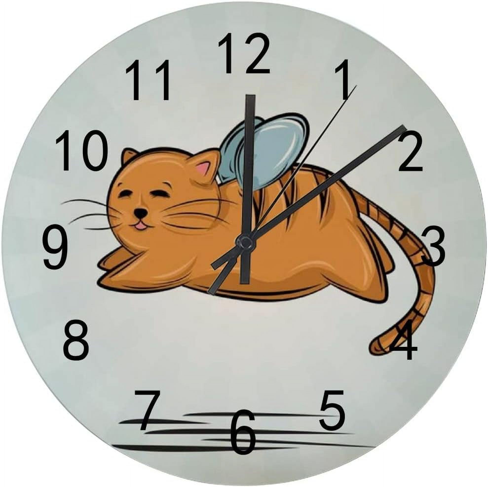 SKYSONIC Silent Wooden Round Wall Clock Fly Cat Non Ticking Battery ...