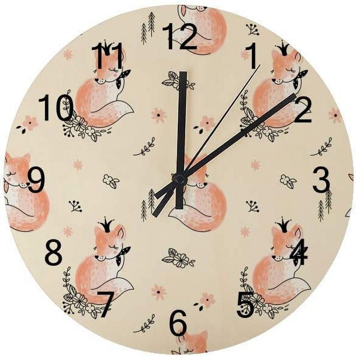 SKYSONIC Silent Wooden Round Wall Clock Fox Princess Non Ticking ...