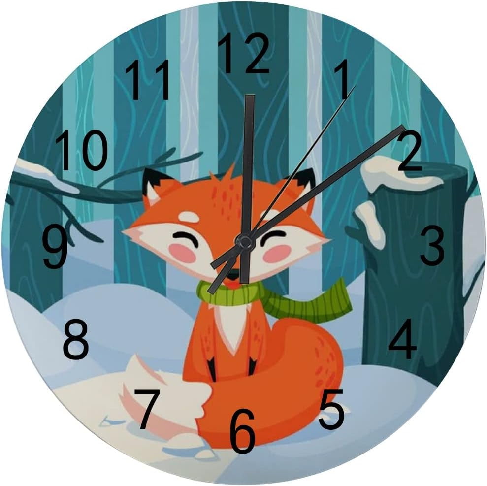 SKYSONIC Silent Wooden Round Wall Clock Fox Tree Winter Snow Non ...