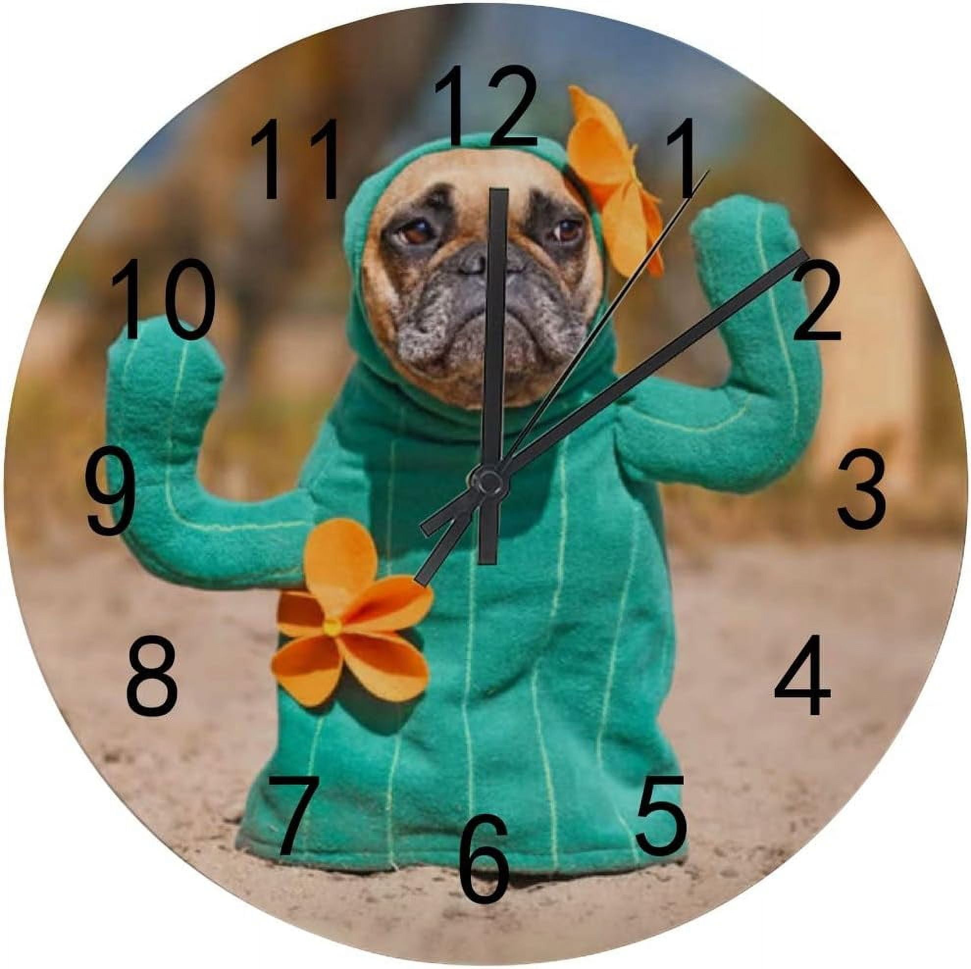 SKYSONIC Silent Wooden Round Wall Clock French Bulldog Dog Dressed Up ...
