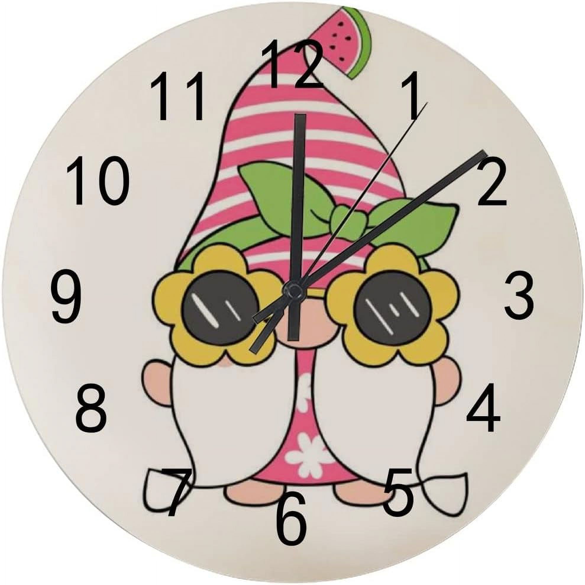 SKYSONIC Silent Wooden Round Wall Clock Funny Gnome Beach for Summer ...