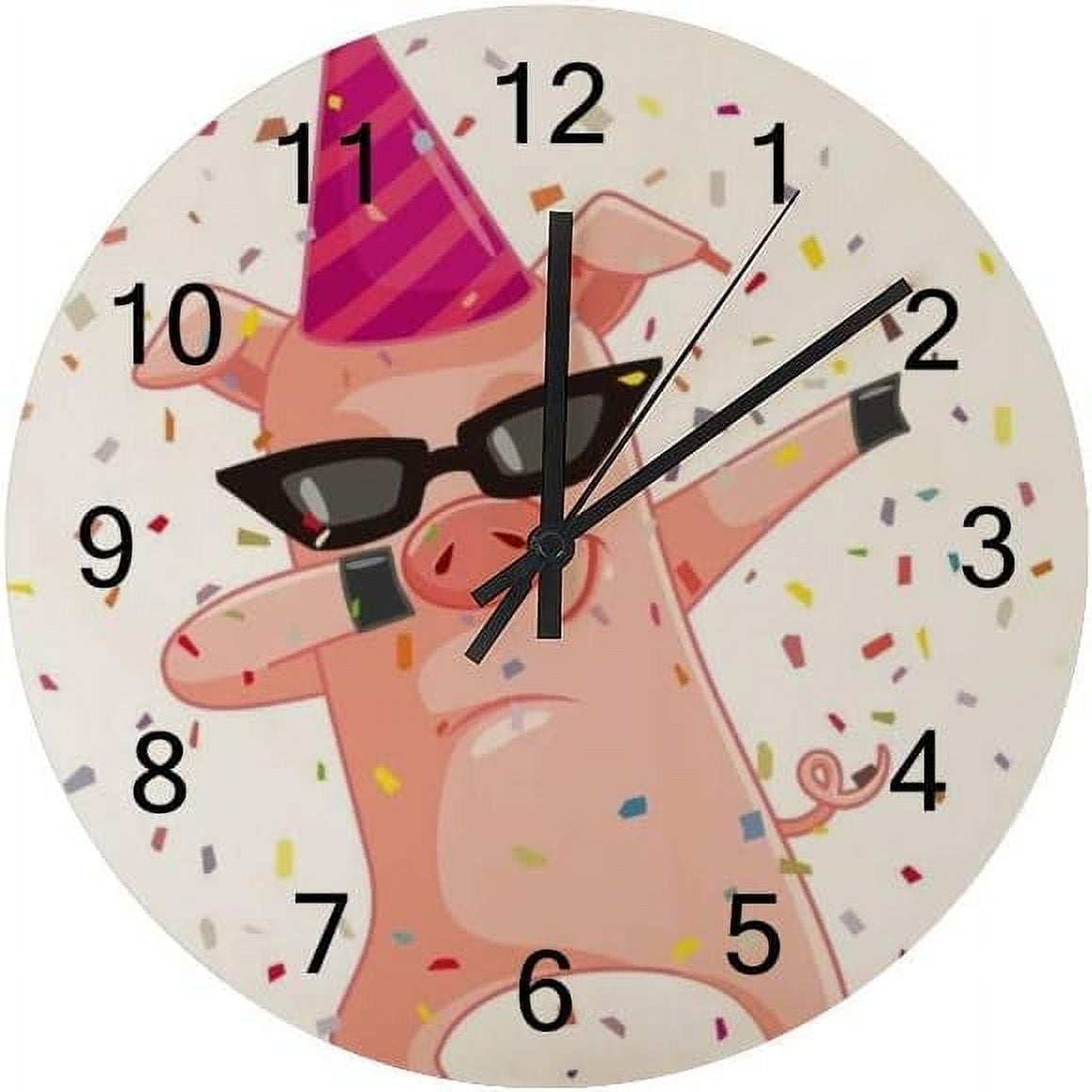 SKYSONIC Silent Wooden Round Wall Clock Funny Party Pig Dabbing Non ...