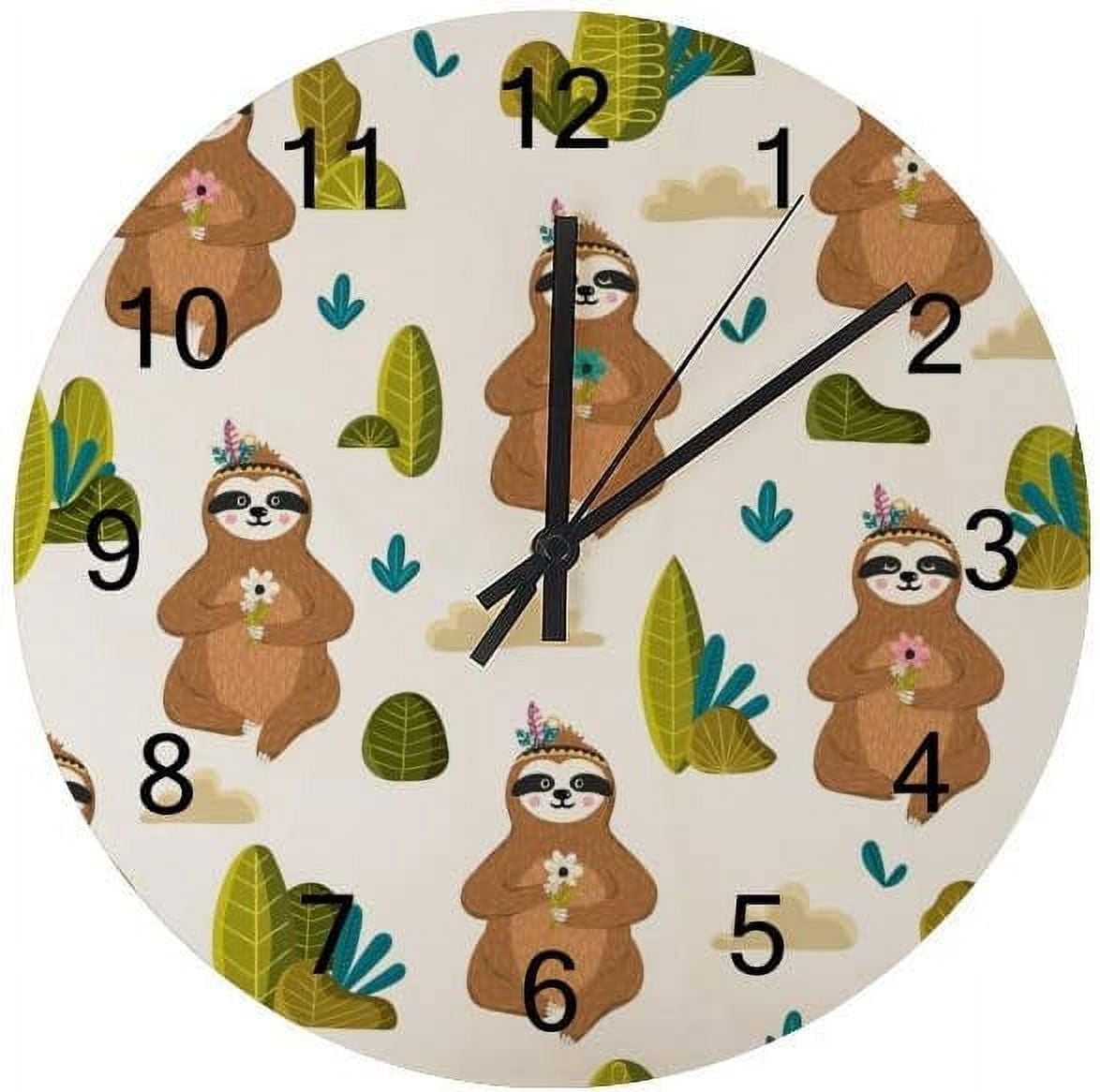 SKYSONIC Silent Wooden Round Wall Clock Funny Sloths in The Forest Non ...