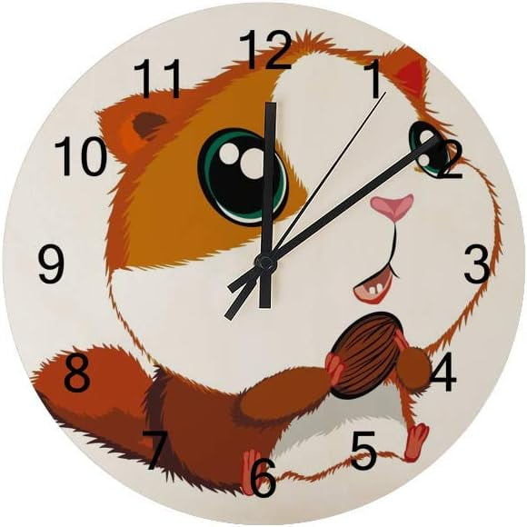 SKYSONIC Silent Wooden Round Wall Clock Hamster with Big Eyes Non ...