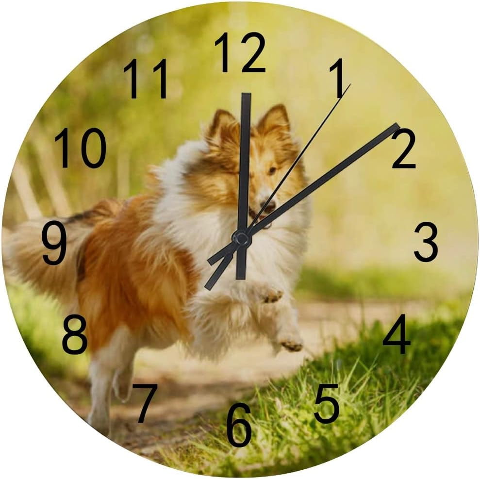SKYSONIC Silent Wooden Round Wall Clock Happy Dog in a Summer Path Non ...