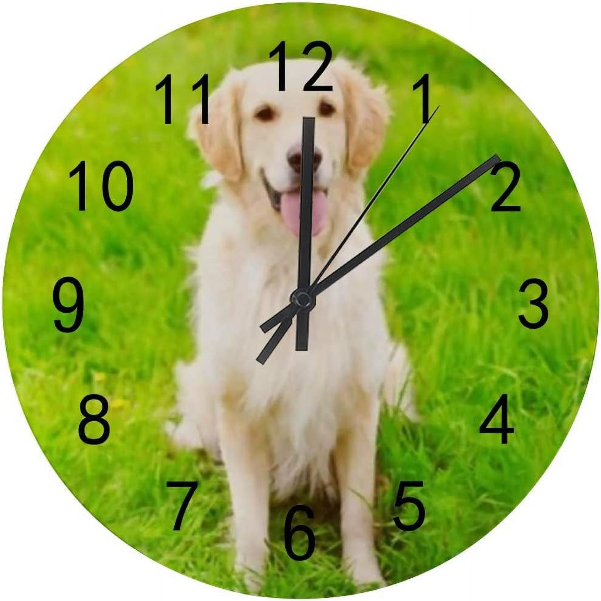 SKYSONIC Silent Wooden Round Wall Clock Happy Golden Retriever Dog ...