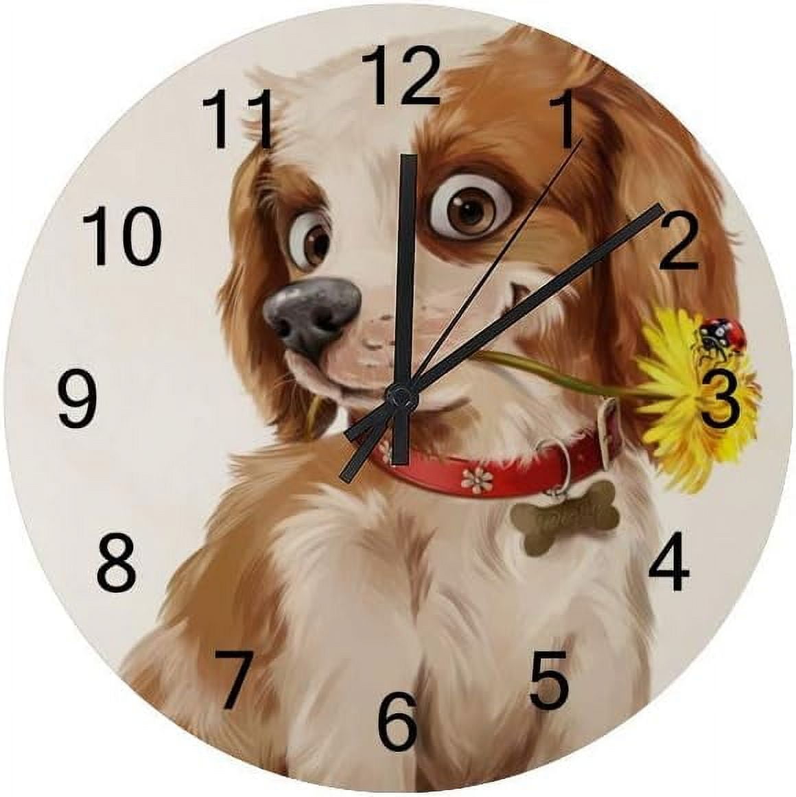 SKYSONIC Silent Wooden Round Wall Clock Happy Puppy with Flower Non ...