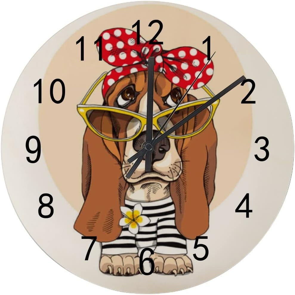 SKYSONIC Silent Wooden Round Wall Clock Hello Summer Basset Hound Dog ...