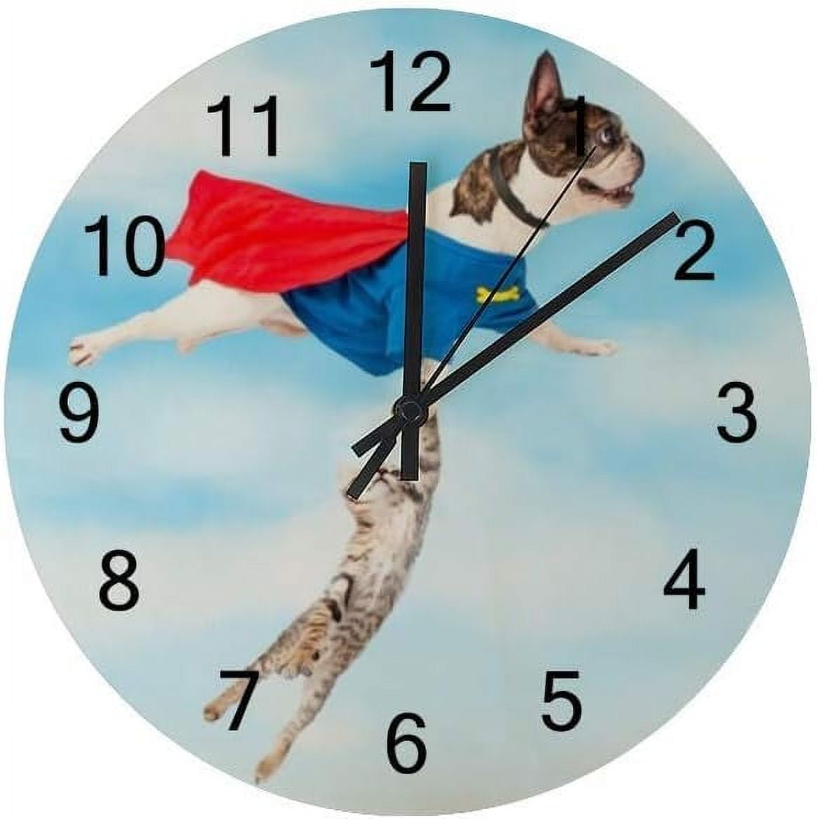 SKYSONIC Silent Wooden Round Wall Clock Hero Dog and Cat Flying Through ...