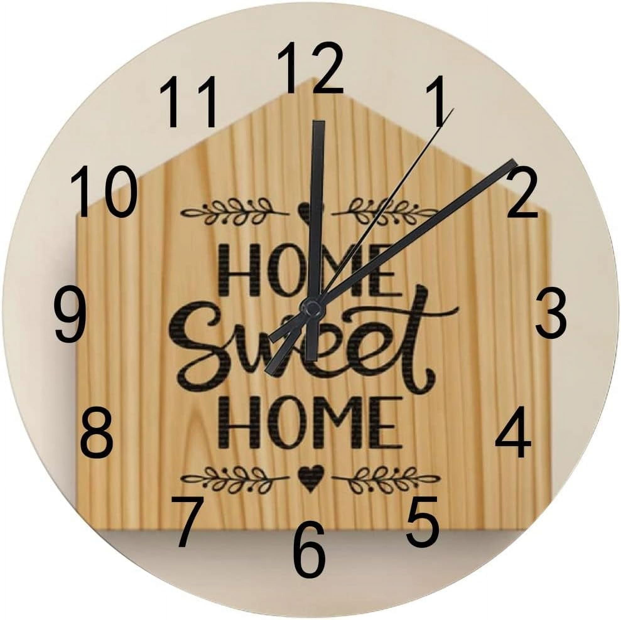 SKYSONIC Silent Wooden Round Wall Clock Home Sweet Home on Wood Non ...