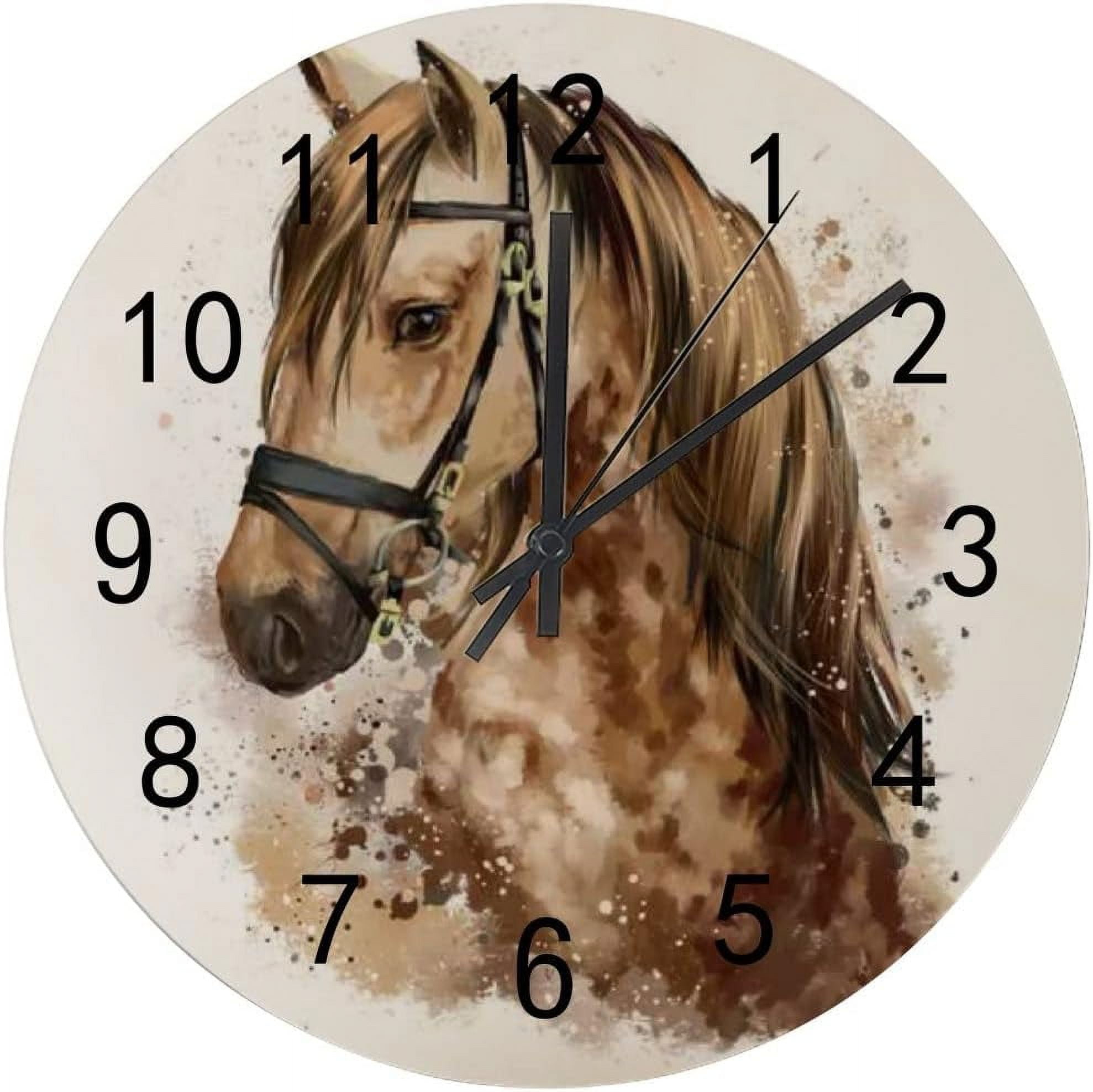 SKYSONIC Silent Wooden Round Wall Clock Horse Head Non Ticking Battery ...