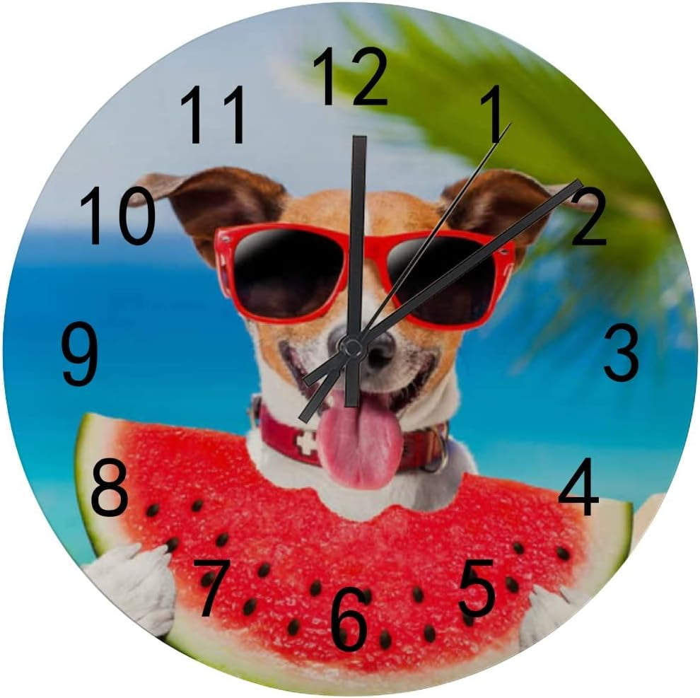 SKYSONIC Silent Wooden Round Wall Clock Jack Russell Dog Eating a Fresh ...