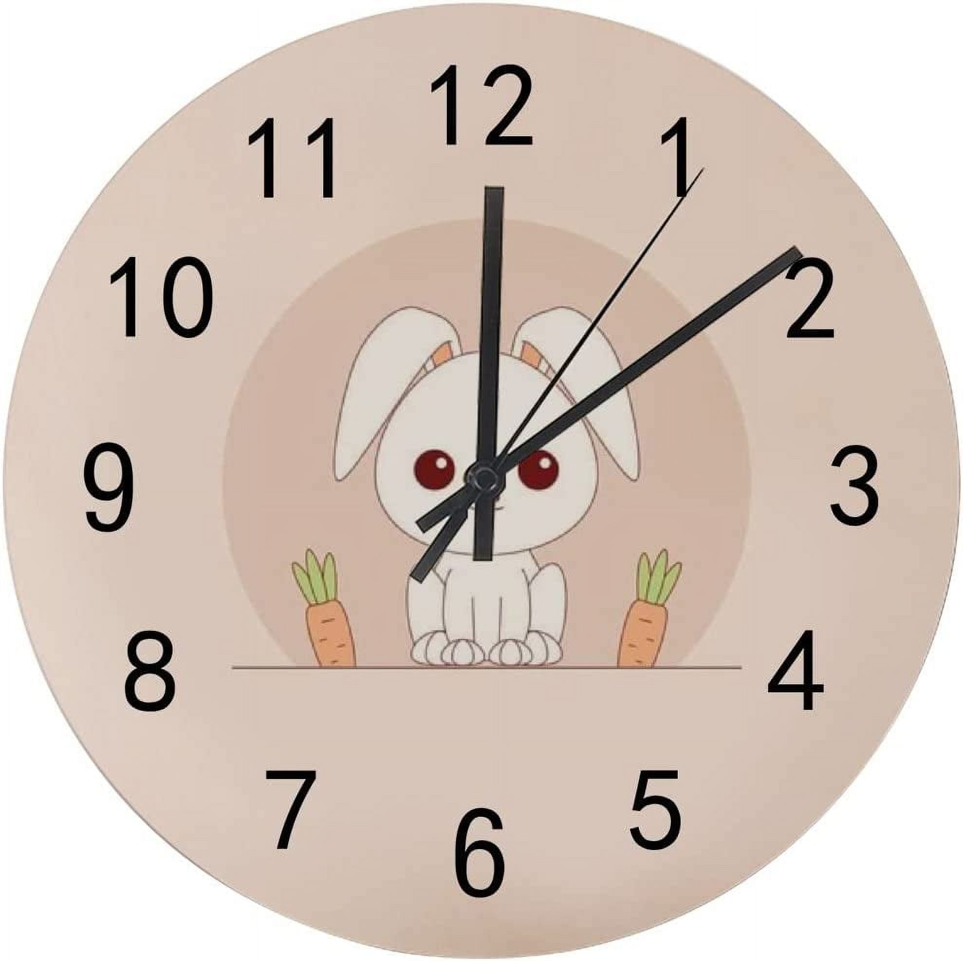 SKYSONIC Silent Wooden Round Wall Clock Kawaii Rabbit Non Ticking ...