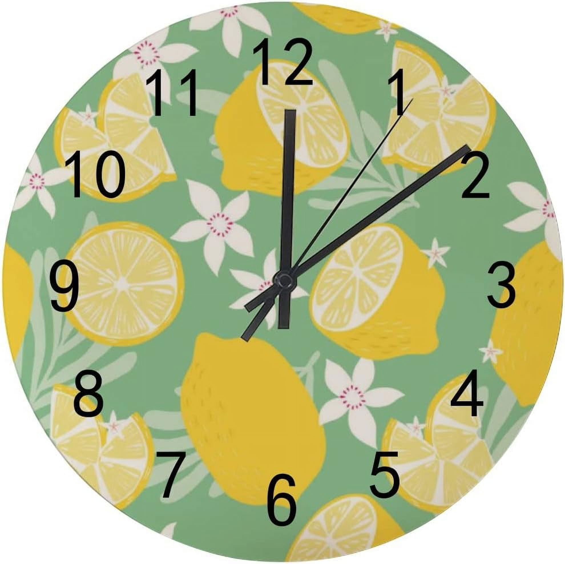 SKYSONIC Silent Wooden Round Wall Clock Lemons with Tropical Leaves and ...