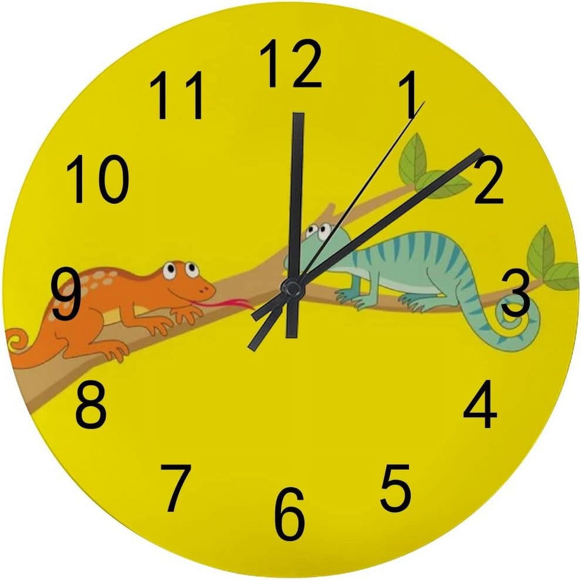 SKYSONIC Silent Wooden Round Wall Clock Lizards On A Tree Non Ticking ...