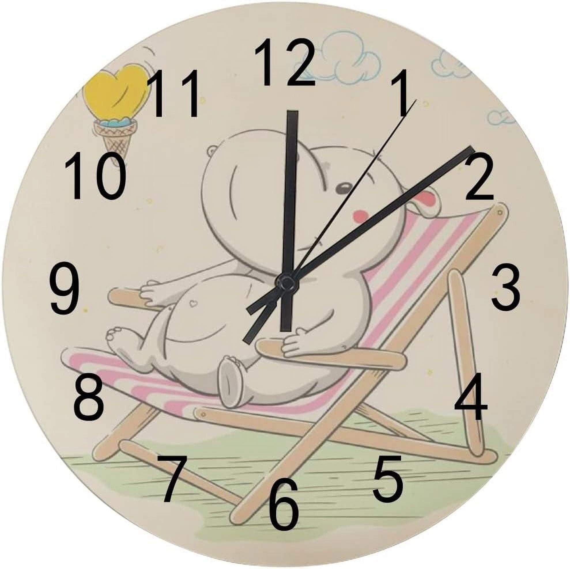 SKYSONIC Silent Wooden Round Wall Clock Lovely Cute Hippo Non Ticking ...