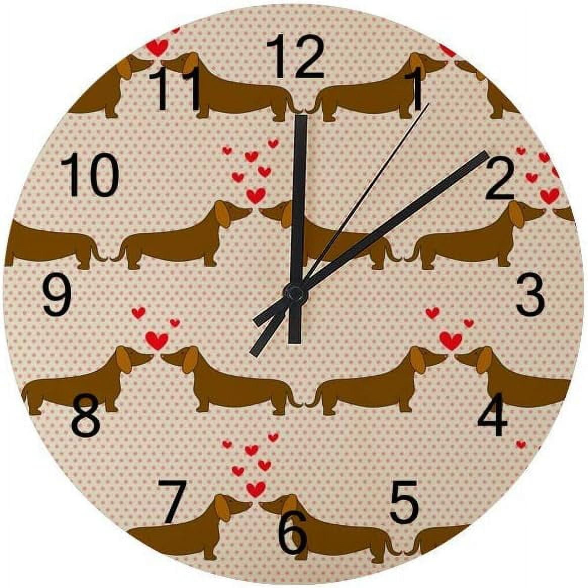 SKYSONIC Silent Wooden Round Wall Clock Lovely Dachshund Couples Non ...