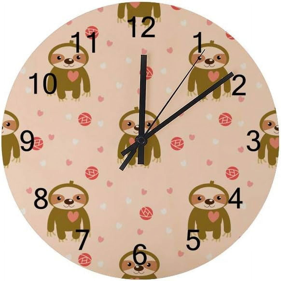 SKYSONIC Silent Wooden Round Wall Clock Lovely Rose Sloth Non Ticking ...
