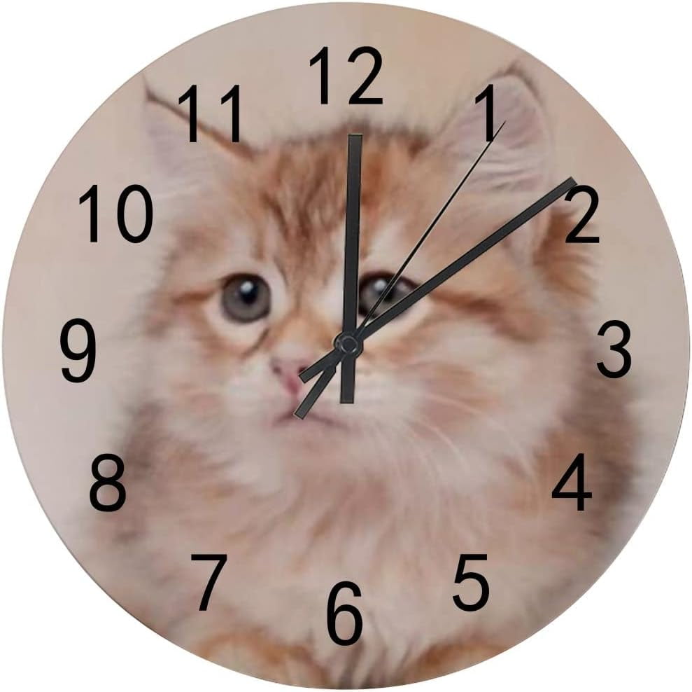 SKYSONIC Silent Wooden Round Wall Clock Lying Siberian Kitten Non ...