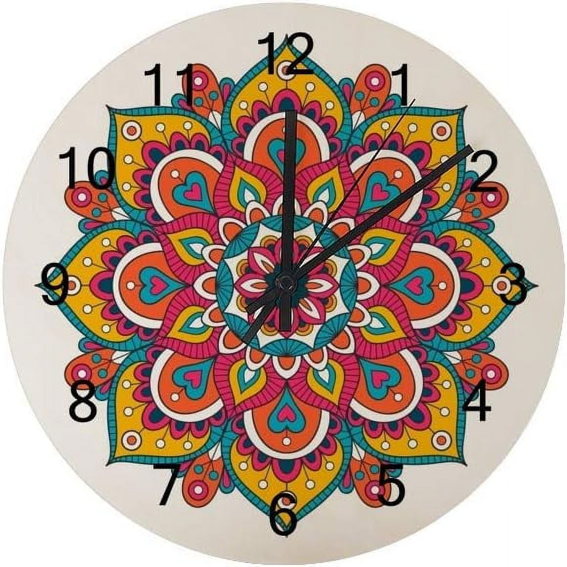 SKYSONIC Silent Wooden Round Wall Clock Mandala with Colorful Tribal ...
