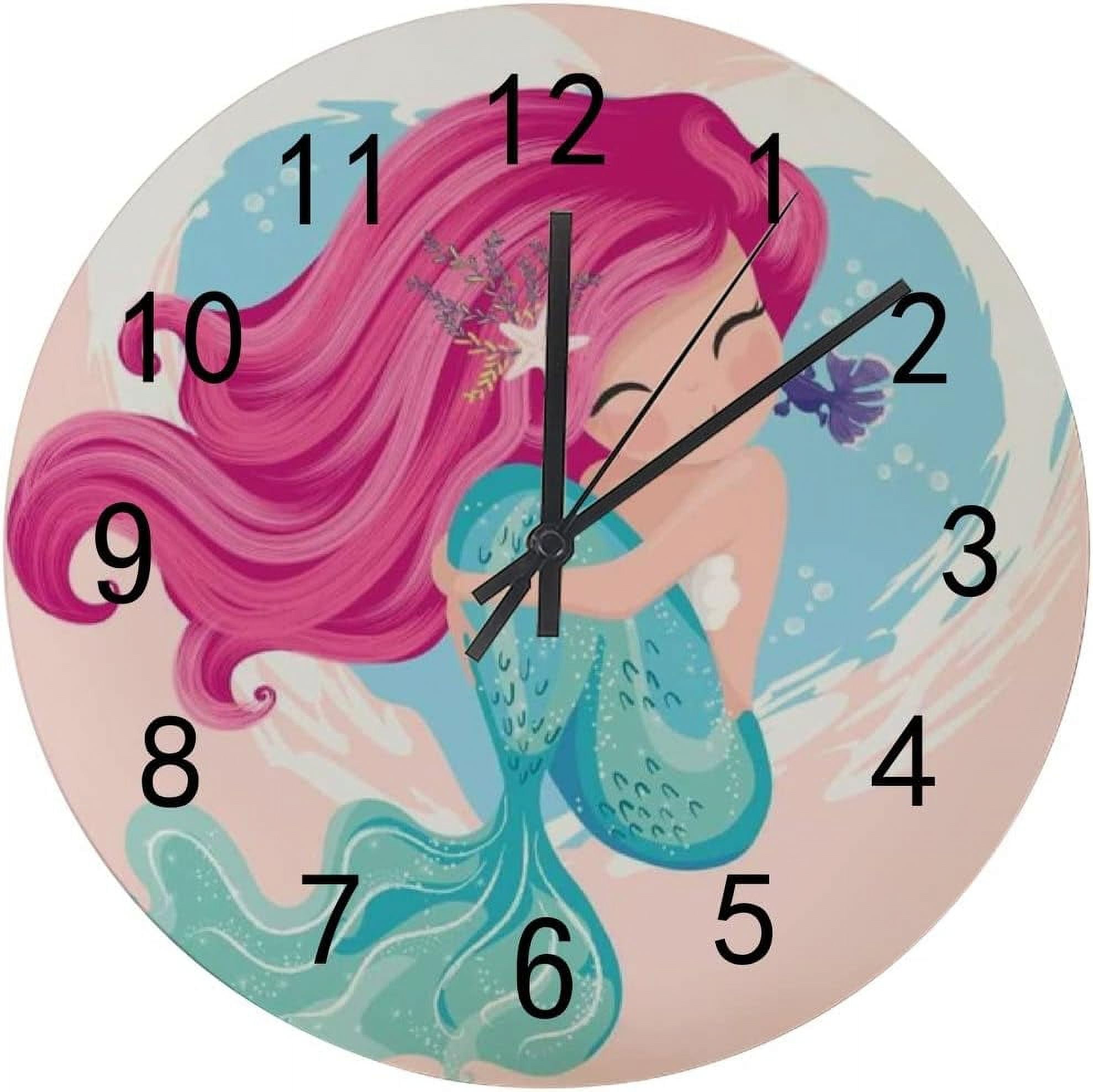 SKYSONIC Silent Wooden Round Wall Clock Mermaid with Little Fish Non ...