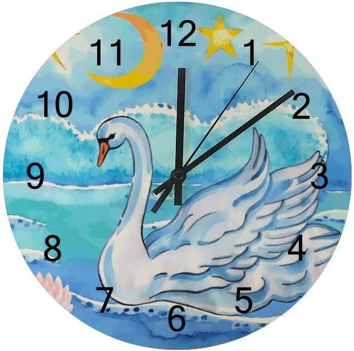 SKYSONIC Silent Wooden Round Wall Clock Night Sky with Lotus and Swan ...
