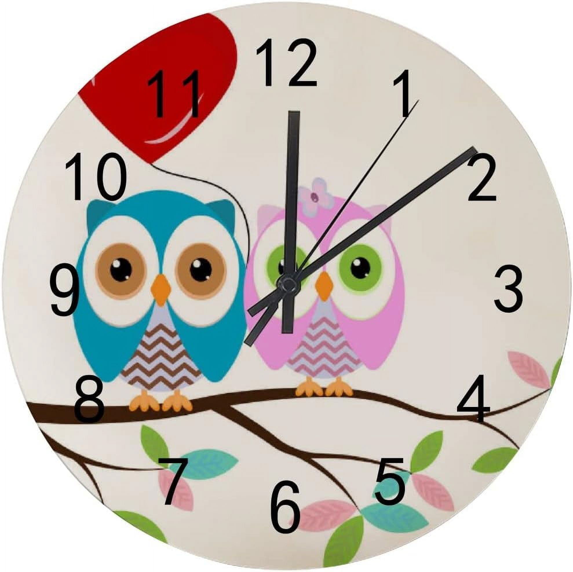 SKYSONIC Silent Wooden Round Wall Clock Owls on Branch with Heart Air ...