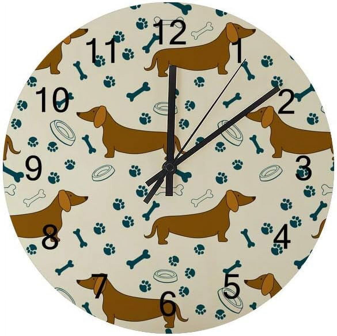 SKYSONIC Silent Wooden Round Wall Clock Paw Prints and Bowls Non ...