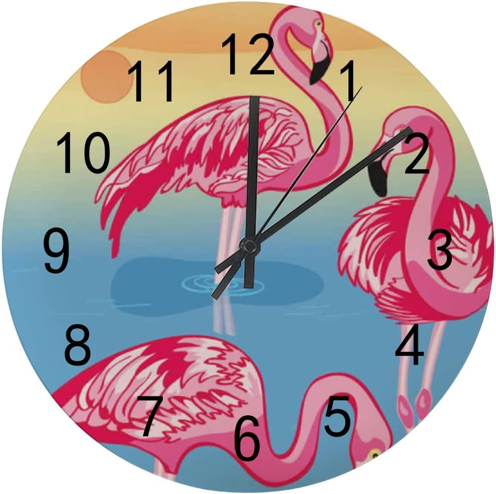 SKYSONIC Silent Wooden Round Wall Clock Pink Flamingos in The Lake at ...
