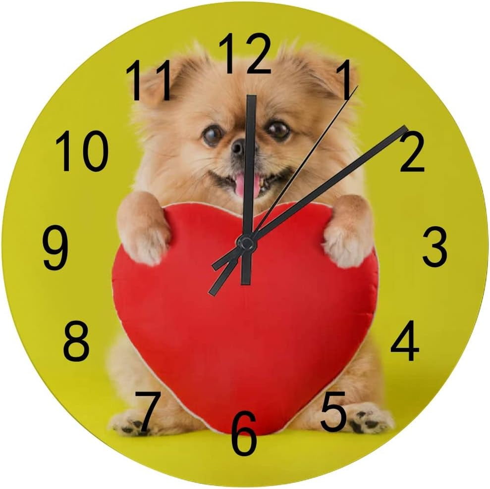 SKYSONIC Silent Wooden Round Wall Clock Pomeranian Dog Hugging a Red ...