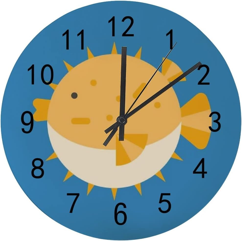 SKYSONIC Silent Wooden Round Wall Clock Puffer Fish Non Ticking Battery ...
