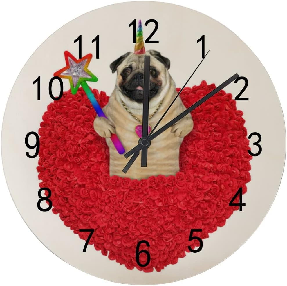 SKYSONIC Silent Wooden Round Wall Clock Pug Dog Unicorn on Red Roses ...