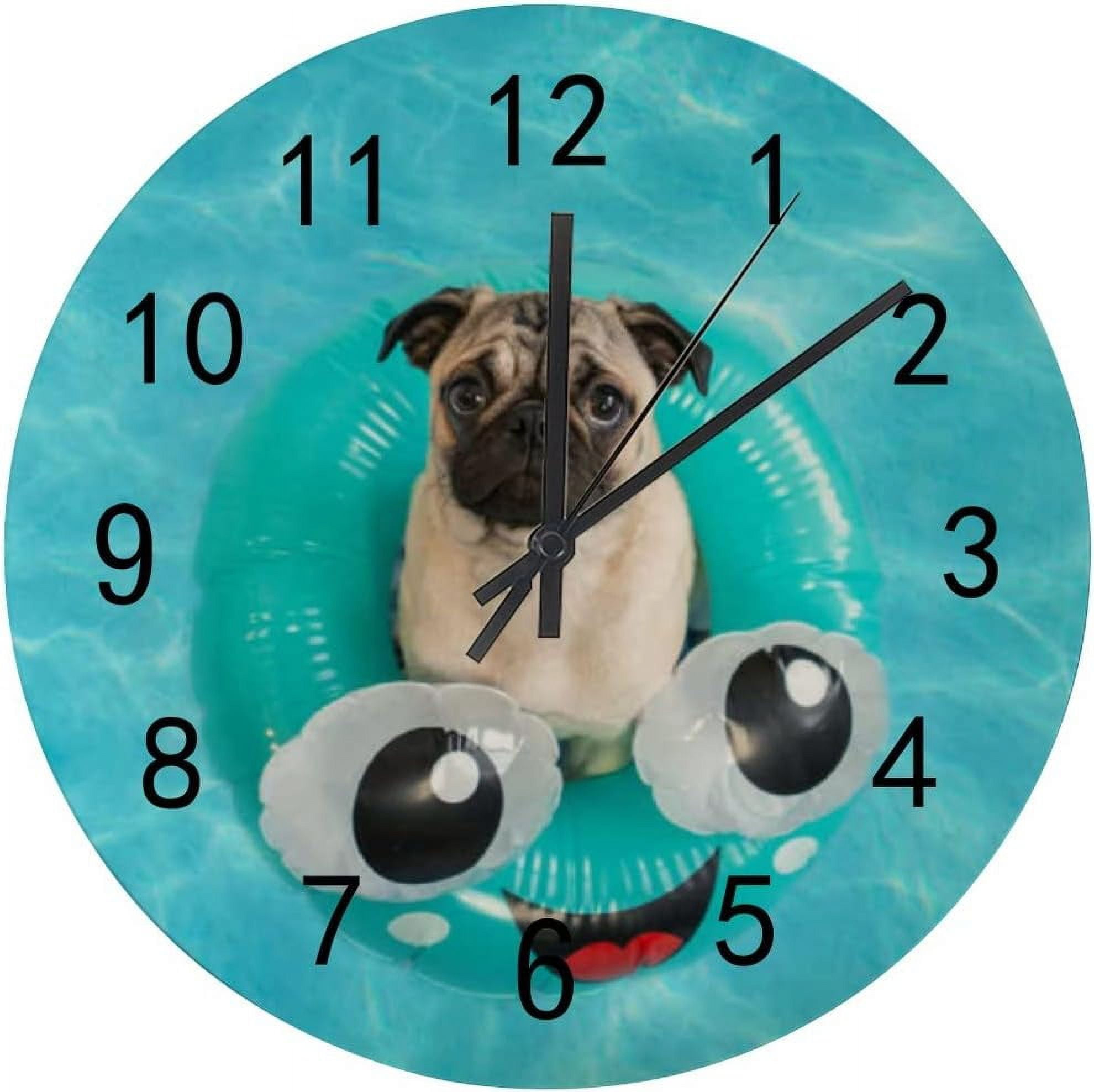 SKYSONIC Silent Wooden Round Wall Clock Pug Puppy Floating in a Fun ...