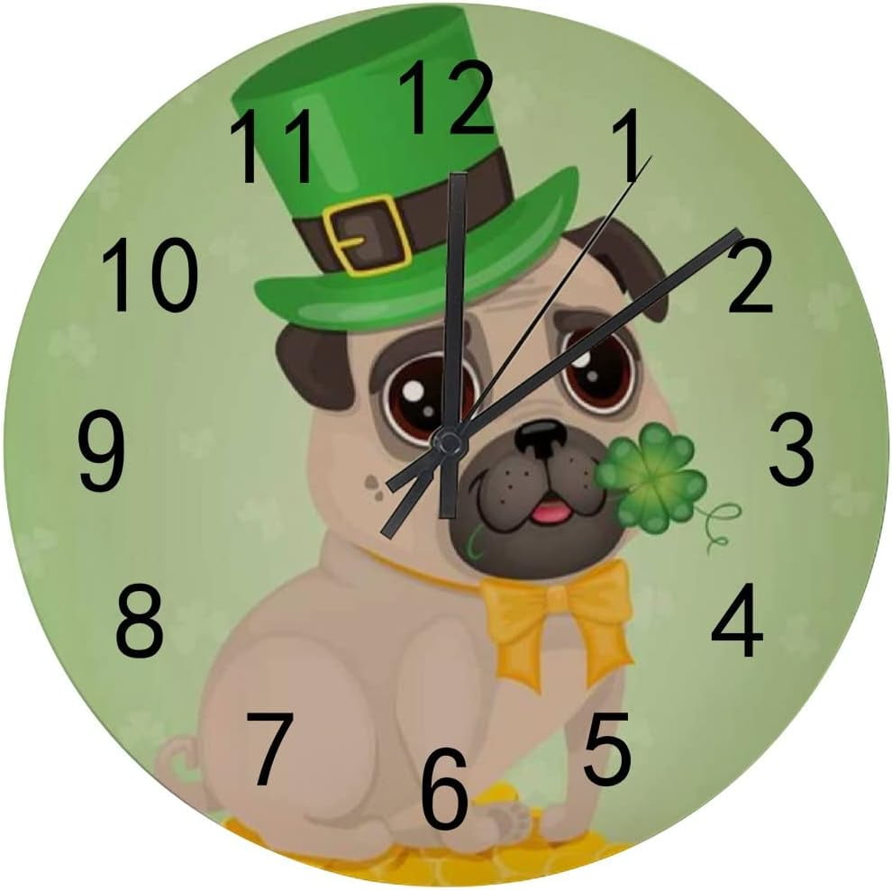 SKYSONIC Silent Wooden Round Wall Clock Saint Patrick's Day Cute Pug ...