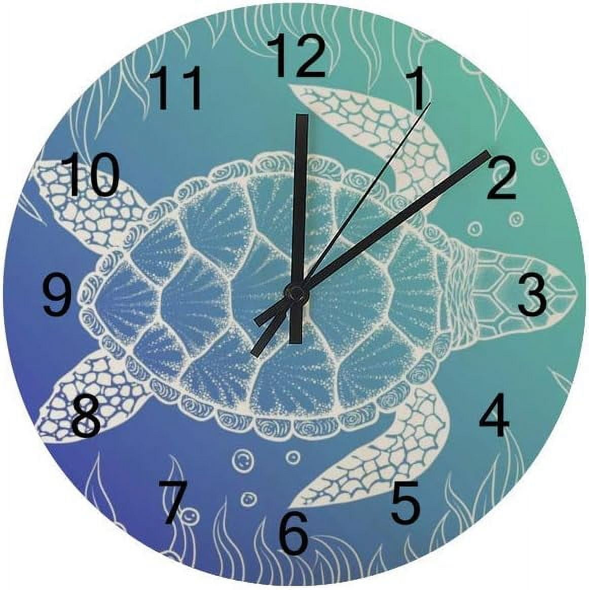 SKYSONIC Silent Wooden Round Wall Clock Sea Turtle Swimming Non Ticking ...