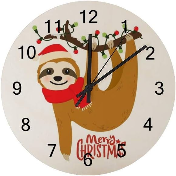 SKYSONIC Silent Wooden Round Wall Clock Sloth Character in Santa Claus ...