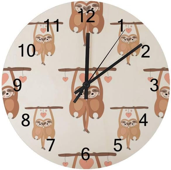 SKYSONIC Silent Wooden Round Wall Clock Sloth with Hearts Non Ticking ...